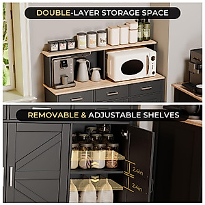 Black Buffet Sideboard Storage Cabinet - 47" Large Double-Layer Kitchen Pantry Cabinet with 3 Drawers & 3 Doors, Modern Liquor Coffee Bar Cabinet Buffet Table with Hutch for Dining Living Room