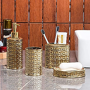 Gold Bathroom Accessory Set, 4-Piece Ceramic Bathroom Decorations Accessories Sets Includes Lotion Dispenser, Toothbrush Holder Tumbler and Soap Dish