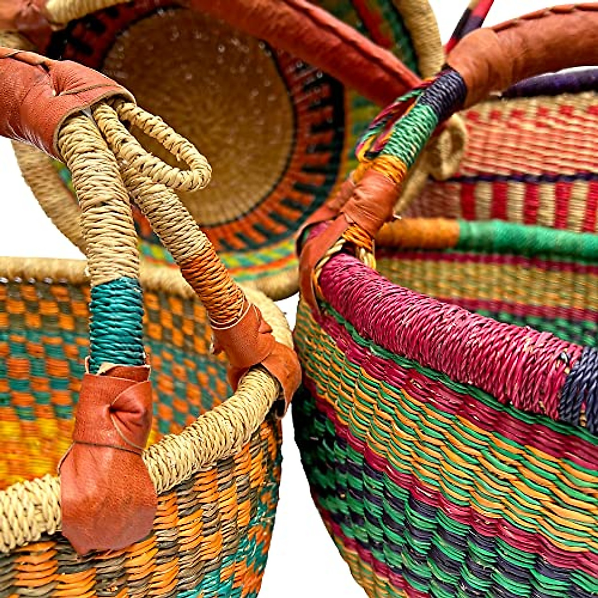 Deluxe Round Colorful African Basket - Medium 14" Round - by market women in Bolgatanga, Ghana with Africa Heartwood Project - GBMRC (Flat-packed)