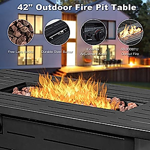 Tangkula 9 Pieces Patio Rattan Furniture Set, Patiojoy Sectional Sofa Set w/Fire Pit Table, Storage Box, Coffee Table, Outdoor Wicker Conversation Set w/ 42” Propane Fire Pit Table (Grey)