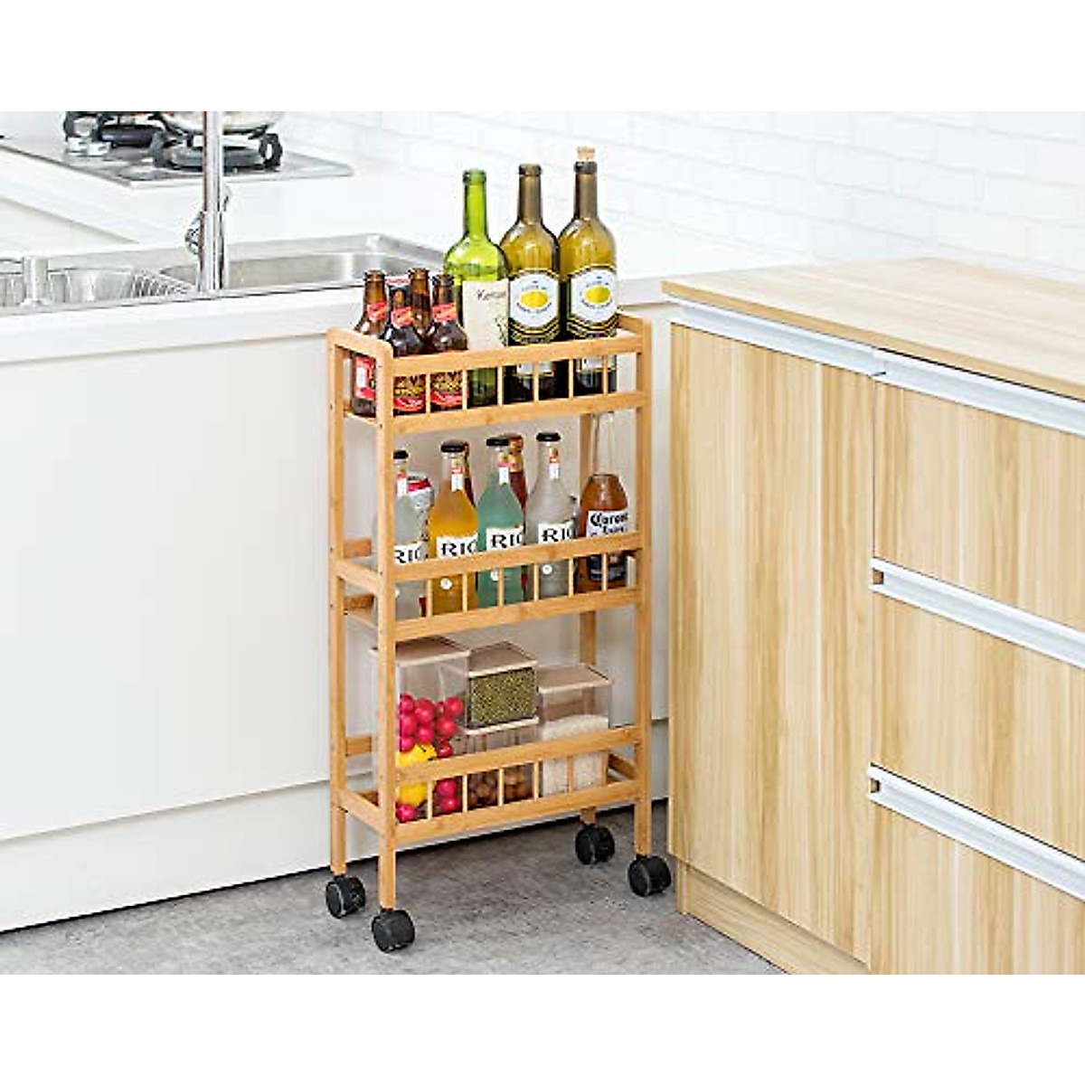 COPREE Bamboo 3-Tier Kitchen Removable Storage Cart, Slim Slide Out Rolling Pantry Shelf