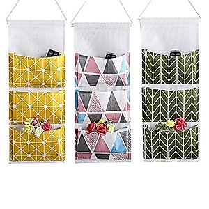 SuperDuo 3 Pack Wall Closet Hanging Storage Bag Over The Door Organizer Waterproof Colorful Linen Fabric with 3 Pockets for Bedroom Bathroom -A