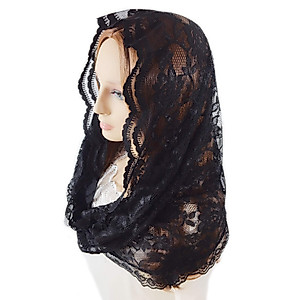 PAMOR Infinity Chapel Veil Floral Latin Mass Head Covering Lace Scarf Mantilla Veils for Church (Black)