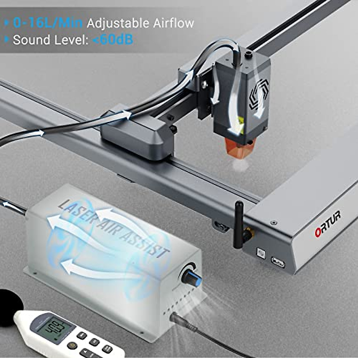 ORTUR Selected Laser Air Assist for Laser Cutter, 16L/min Airflow Air Assist Pump Kit for Most Laser Engraver and Cutter, Low Noise, Clean Surface & Smooth Edge