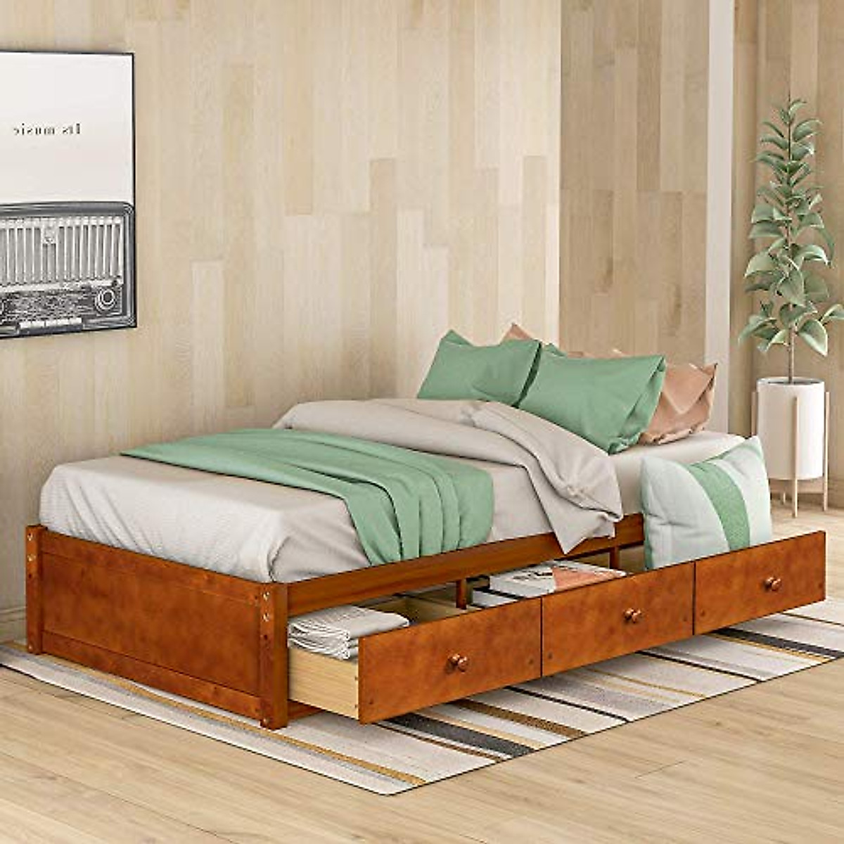 SOFTSEA Storage Bed with Drawers for Kids Twin Bed Frame Wood Platform Bed Frame with Wood Slat Support, No Box Spring Needed (Oak)
