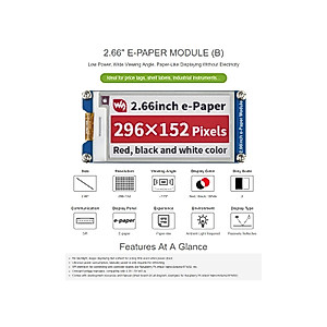 Waveshare 2.66inch E-Paper E-Ink Display Module Compatible with Raspberry Pi 4B/3B+/3B/2B/B+/A+/Zero/Zero W/WH/Zero 2W Series Boards 296×152 Pixels Red/Black/White Three-Color SPI Interface