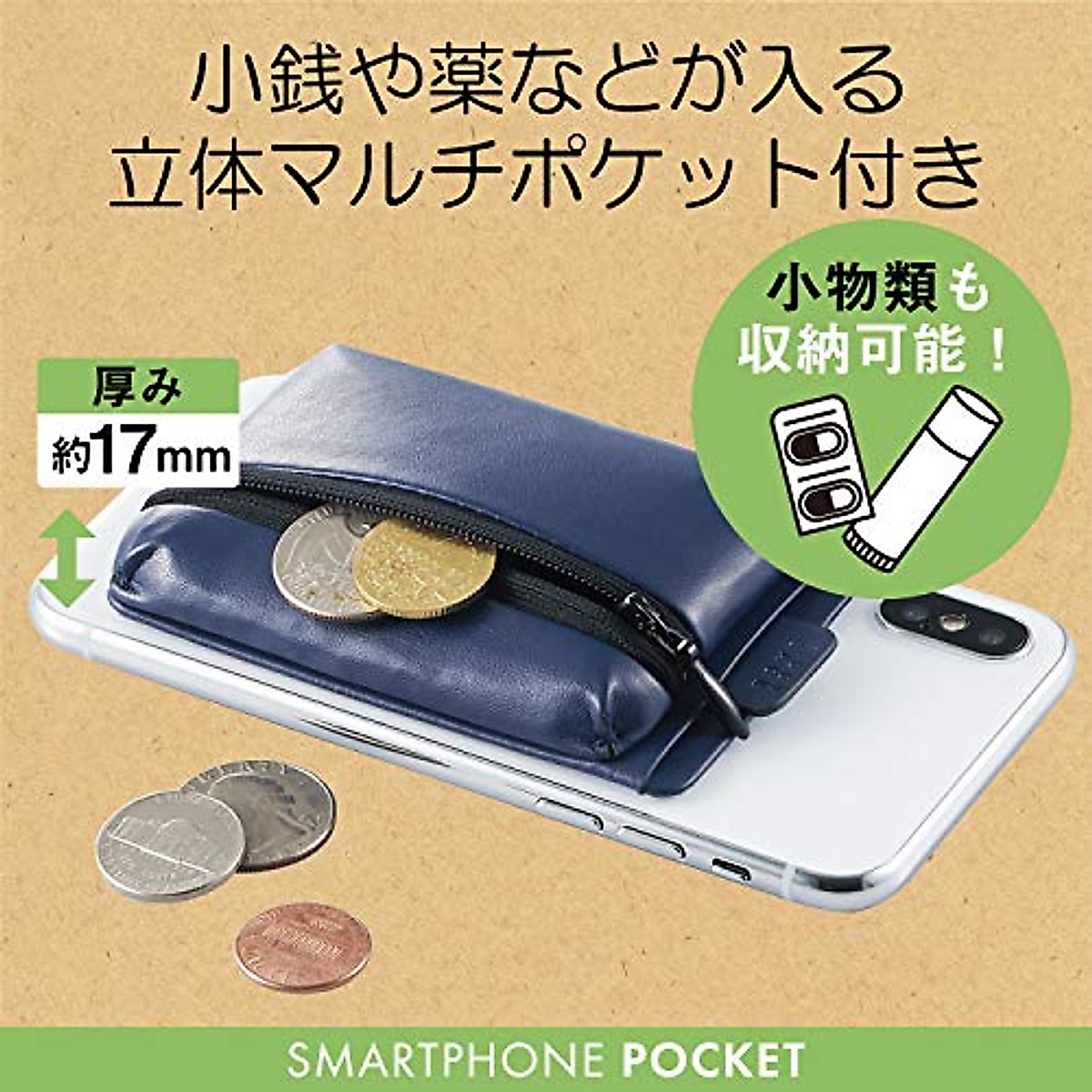 Elecom P-BPCCNV Smartphone Card Case, Back (Holds 1 Card), Coin Storage, Navy