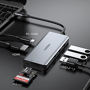 Port Expander USB C Hub Adapter 7 in 1 Multiport USB-C Docking Station with 4K HDMI, 3 USB 3.0 Port, SD/TF Card Reader and PD 60W USB Splitter