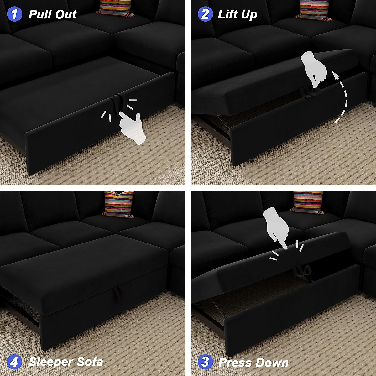 Belffin Modular Sectional Sleeper Couch with Pull Out Sofa Bed Velvet Convertible L Shaped Sectional Sofa with Storage Ottoman for Living Room Black
