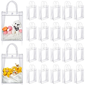 Clear PVC Gift Bags with Handles Reusable Plastic Wrap Tote Bags Transparent Shopping Bags for Christmas Party Favors Weddings Merchandise Retail Small Business, 9 x 6.7 x 2.6 Inches(100 Pieces)