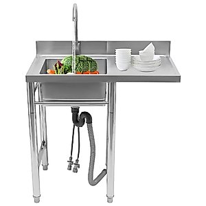 Free Standing Single Bowl Kitchen Sink, Stainless Steel Utility Sink with Drainboard, One Compartment Workbench Sink Commercial Sink for Restaurant, Laundry Room, Backyard, Garages
