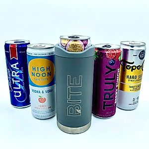 BITE Slim Shark Drink cooler| For slim can beverages. Built-in patent-pending opener. Beer, Seltzer, Soda, and Energy Drinks. | Gray