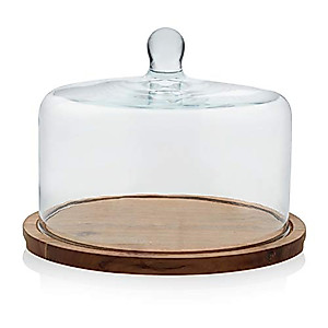 Libbey Acaciawood Flat Round Wood Server Cake Stand with Glass Dome