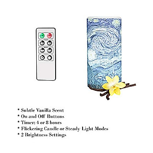 Lavish Home 80-FC1008 LED Starry Night Candle with Remote Control Timer Van Gogh Art on Vanilla Scented Realistic Flickering or Steady Flameless Light-Decor, (L)3”x (W)3”x (H)6”