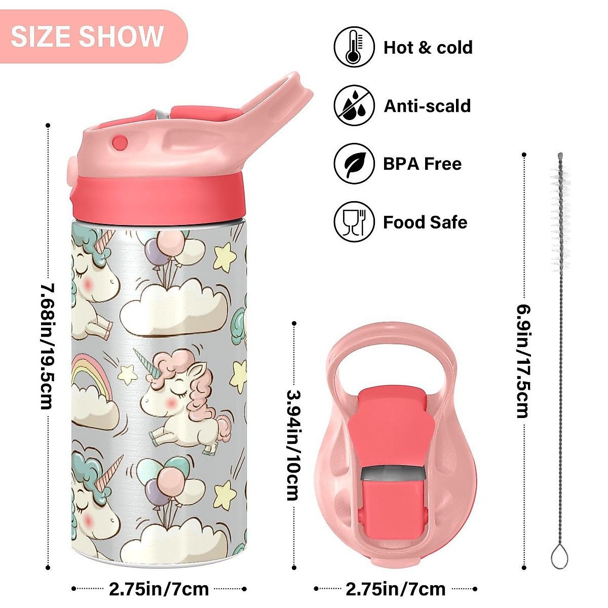 GOODOLD Cute Rainbow Unicorn Kids Water Bottle, Insulated Stainless Steel Water Bottles with Straw Lid, 12 oz BPA-Free Leakproof Duck Mouth Thermos for Boys Girls