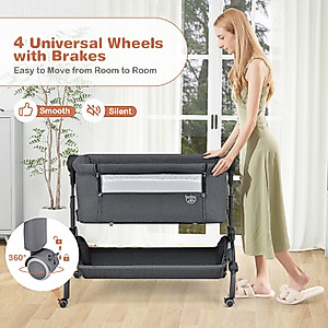 BABY JOY Baby Bassinet, 3-in-1 Rocking Bassinet w/Storage Basket, Double-Lock Design, 7 Adjustable Heights, Soft Mattress & Portable Travel Bag, Bassinet Bedside Sleeper for Newborns Infants (Gray)