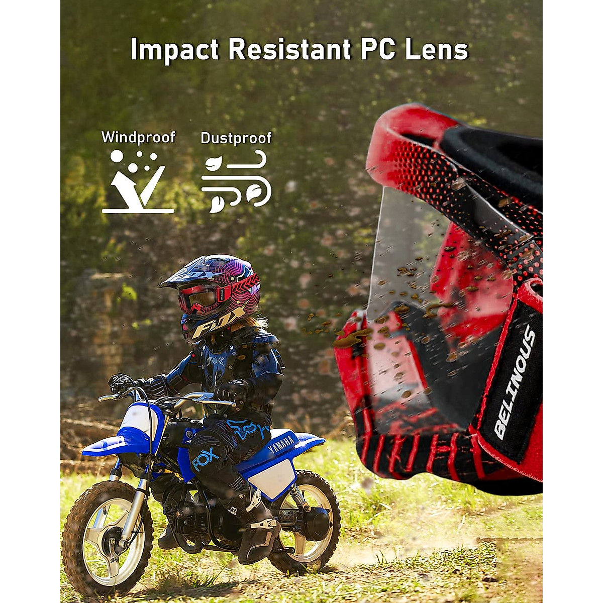 BELINOUS Kid Riding Goggles for ATV Dirt Bike Motorcycle Motorcross MX, UV Protectioin, Youth Dirt Bike Goggles for Kids 3-12 with Soft Strap, Red