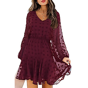 KIRUNDO Womens Spring Dresses 2024 Fashion Casual Long Lantern Sleeve V Neck Cute Swiss Dot Mini Wedding Guest Dress(Style2-Wine Red, X-Large)