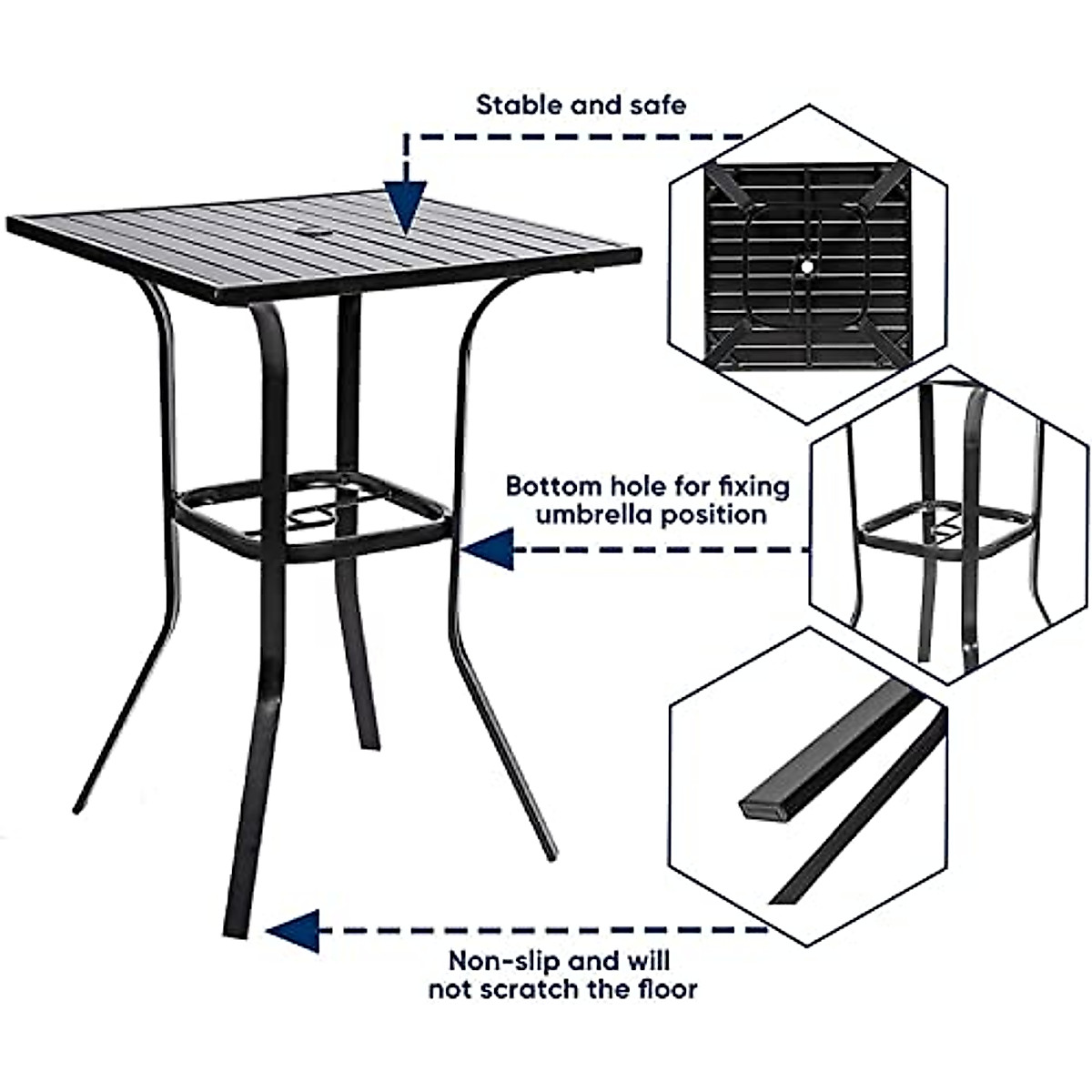 Omelaza Patio Height Bar Table, Outdoor Bistro Square High Top Dining Table with 1.57'' Umbrella Hole & Steel Slat Table Top (Black)