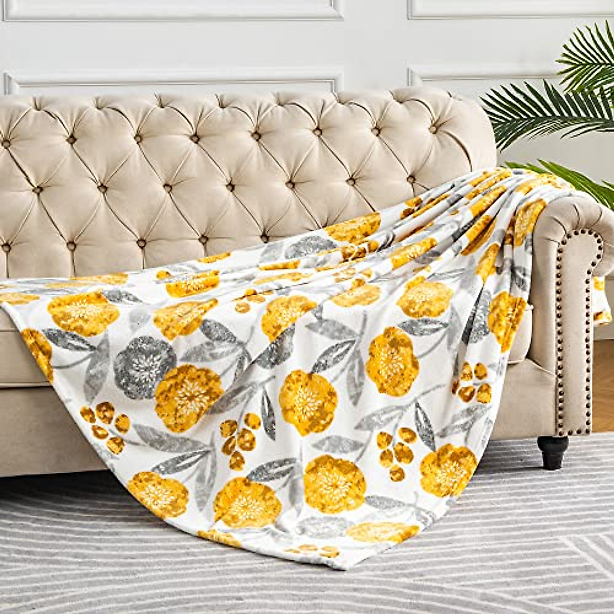 BEDELITE Fleece Throw Blanket for Couch and Bed 60" X 70", 350GSM Thick & Warm Oversized Fall Blanket - Farmhouse Boho Soft Cozy Fuzzy Blankets(Yellow Floral)