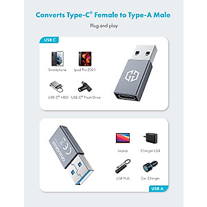 GRAUGEAR USB to USB C Adapter, 10Gbps Double Sided Data Transfer, 3A Fast Charging, USB C Female to USB A Male Adapter 3.2, Compatible with PC, Laptop, MacBook, iPhone, iPad, Apple Watch, Carplay