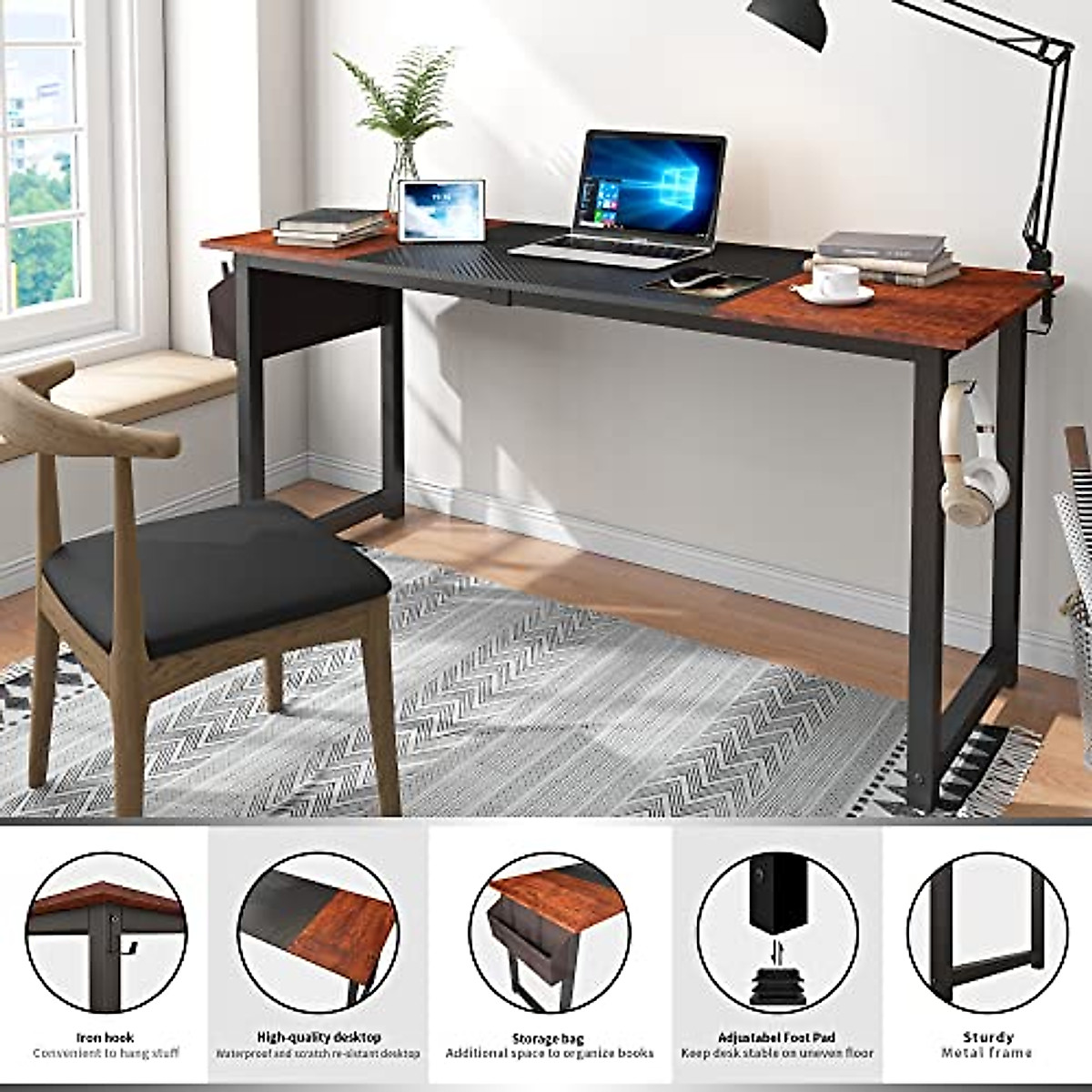 Decoholic 63 Inch Home Office Computer Two-Color Panel Desk with Storage Bag and Hook, Black, Sandalwood Color, Industrial Modern Laptop Desk