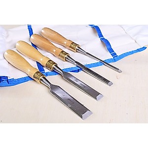 Schaaf Tools 4-Piece Wood Chisel Set | Finely Crafted Wood Chisels for Woodworking | Durable Cr-V Steel Bevel Edged Blade, Tempered to 60HRc | Tool Roll Included