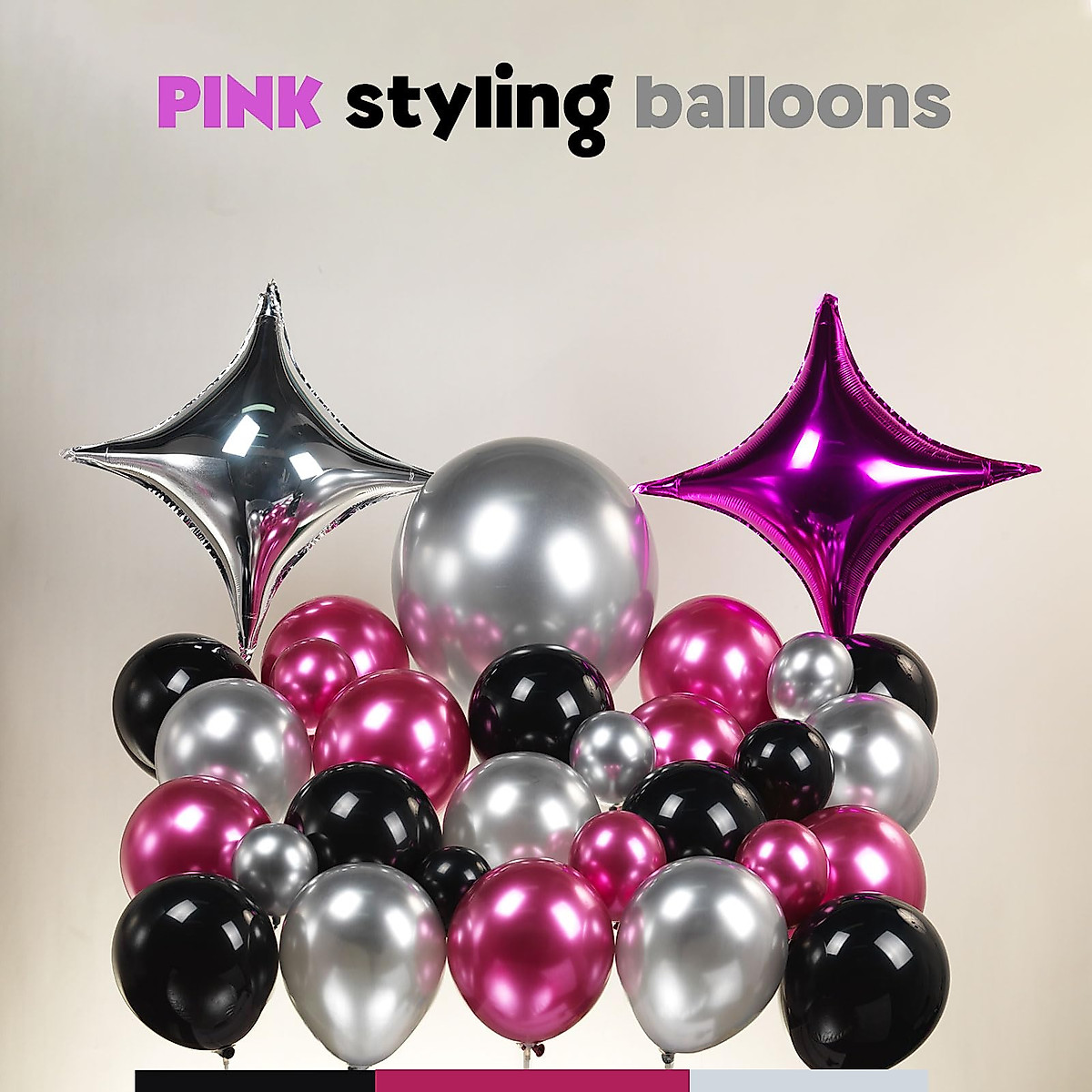 Chrome Hot Pink Black silver Balloon garland kit 126Ppcs with champagne glass and large star balloons for women 21/30th Birthday Mother's Day anniversary 2024 graduations Prom Party Decorations
