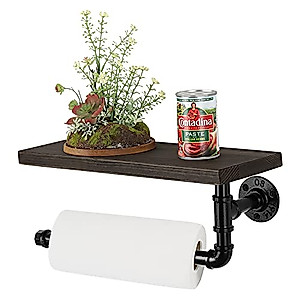 Industrial Wall Paper Towel Holder Wood & Pipe Floating Shelf Vintage Hand Roll Paper Towel Holders Stand Wall Mounted Toilet Paper Storage Rack for Bathroom, Kitchen, Washroom(Rustic Brown)