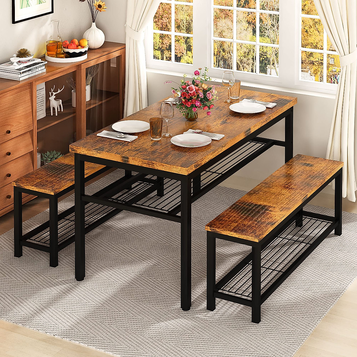 AWQM 43.3" Dining Table Set for 4, Kitchen Dining Table with 2 Benches, Dining Room Table Set with Metal Frame & Storage Rack for Kitchen, Restaurant, Rustic Brown