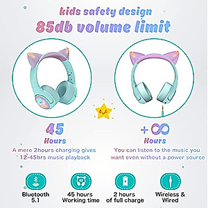 Riwbox CF9 Cat Ear Kids Bluetooth Headphones with LED Light Up,Safe 85dB Volume Limit,Built-in Mic&Boom Mic for Calls,Kids Wireless&Wired Headphones for Girls/Toddler/Online Learning/School (Green)