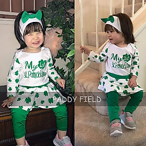 LENSOUS Baby Girls Romper Outfit 1st St Patrick's Day Long Sleeve Clothes Green Skirt Newborn Dress Bodysuit Pants Set (3-6 M)