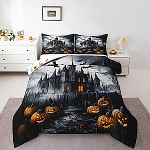 Erosebridal Halloween Decor Gothic Bedding Set King Size,Pumpkin Bat Horror Comforter Set for Kids Boys Girls,Goth Room Decor Bats Quilt Bed Set Halloween Themed Spooky Bed Comforter Set 3Pcs