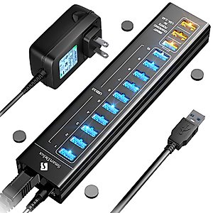 SmartDelux Powered USB Hub - USB 3.0 Ports Hub with 3 Smart Charging Ports, Power Adapter, Long Cord, LEDs (13-Port USB Hub)