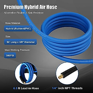 80FT + 6.5FT Retractable Air Hose Reel, Wall Mount Penumatic Hose Reel for Garage Workshop, Automatic Rewind, 3/8" x 80' Hybrid Air Hose with Brass Fittings + Bend Restrictors, 300PSI