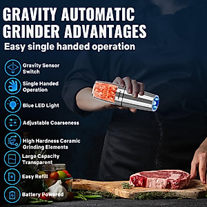 FaCreate Gravity Electric Salt and Pepper Grinder Set,Battery Powered Automatic Operation Electric Salt and Pepper Shakers,LED Light Adjustable Coarseness Premium Stainless Steel Mill of 2 (SILVER)