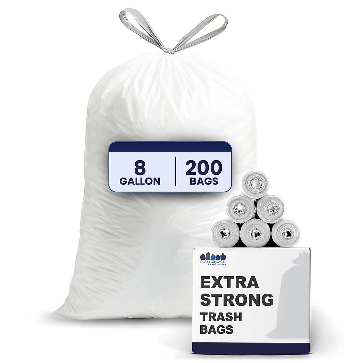 Plasticplace 8 Gallon Trash Bags â”‚ 0.7 Mil â”‚ White Drawstring Garbage Can Liners â”‚200 Count (Pack of 1)