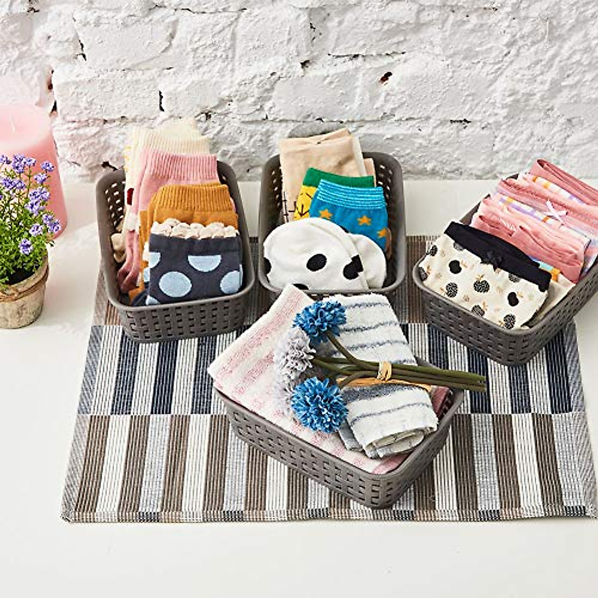 EZOWARE Gray Plastic Knit Storage Basket Trays, Desk Organizer Drawer Divider Bin for Kids Classroom, Baby Nursery Toys and More - Pack of 8 (7.7x5.3x2.4 Inch)