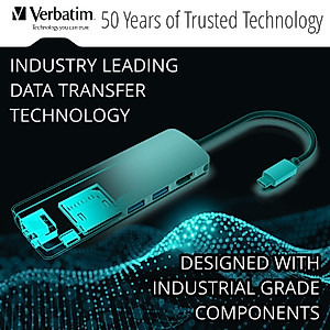 Verbatim 6-in-1 USB C Hub w/Dongle - USB Hub for Laptop w/ 2 USB 3.0, USB C, SD Card Reader, 4K HDMI, Ethernet, Compact & Portable USB-C Hub