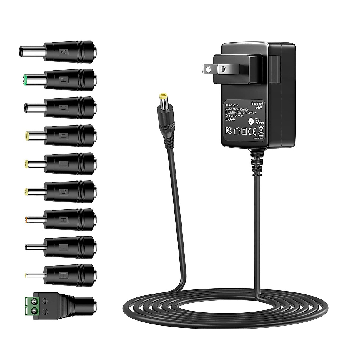 Basicvolt 12V 2A AC Adapter Universal DC Power Supply 12Volt 2A 1.5A 1A 500ma 300ma for TV Box Tablet Speaker GPS Webcam Router Alarm Clock and More 12V Devices