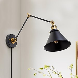 Black Wall Sconces Lighting, Modern Industrial Plug in or Hardwired Adjustable Swing Arm Wall Lamp with Antique Brass Finish for Bedroom, Living Room and Kitchen
