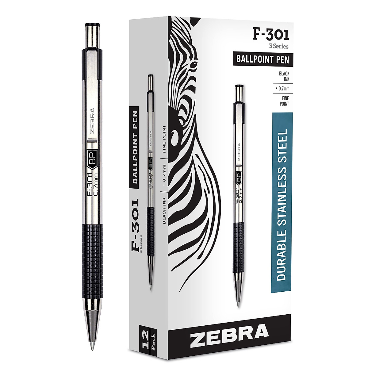 Zebra Pen F-301 Retractable Ballpoint Pen, Stainless Steel Barrel, Fine Point, 0.7mm, Black Ink, 12-Pack
