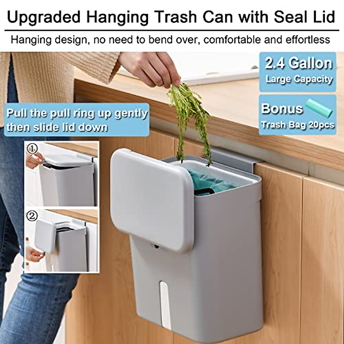 Tiyafuro Upgraded Hanging Trash Can with Lid, 2.4 Gallon Kitchen Compost Bin for Cabinet and Under Sink, Wall-Mounted Indoor Trash Bin for Bathroom Bedroom Office, Waste Bin