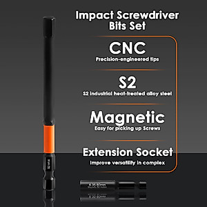 Nicofie Impact 4" Long Allen Wrench Drill Bit Set Hex Bit Set 20pcs (Metric&SAE), 1/4" Hex-Shank S2 Steel Hex Head, CNC Machined Tips with Extension Socket and Storage Box