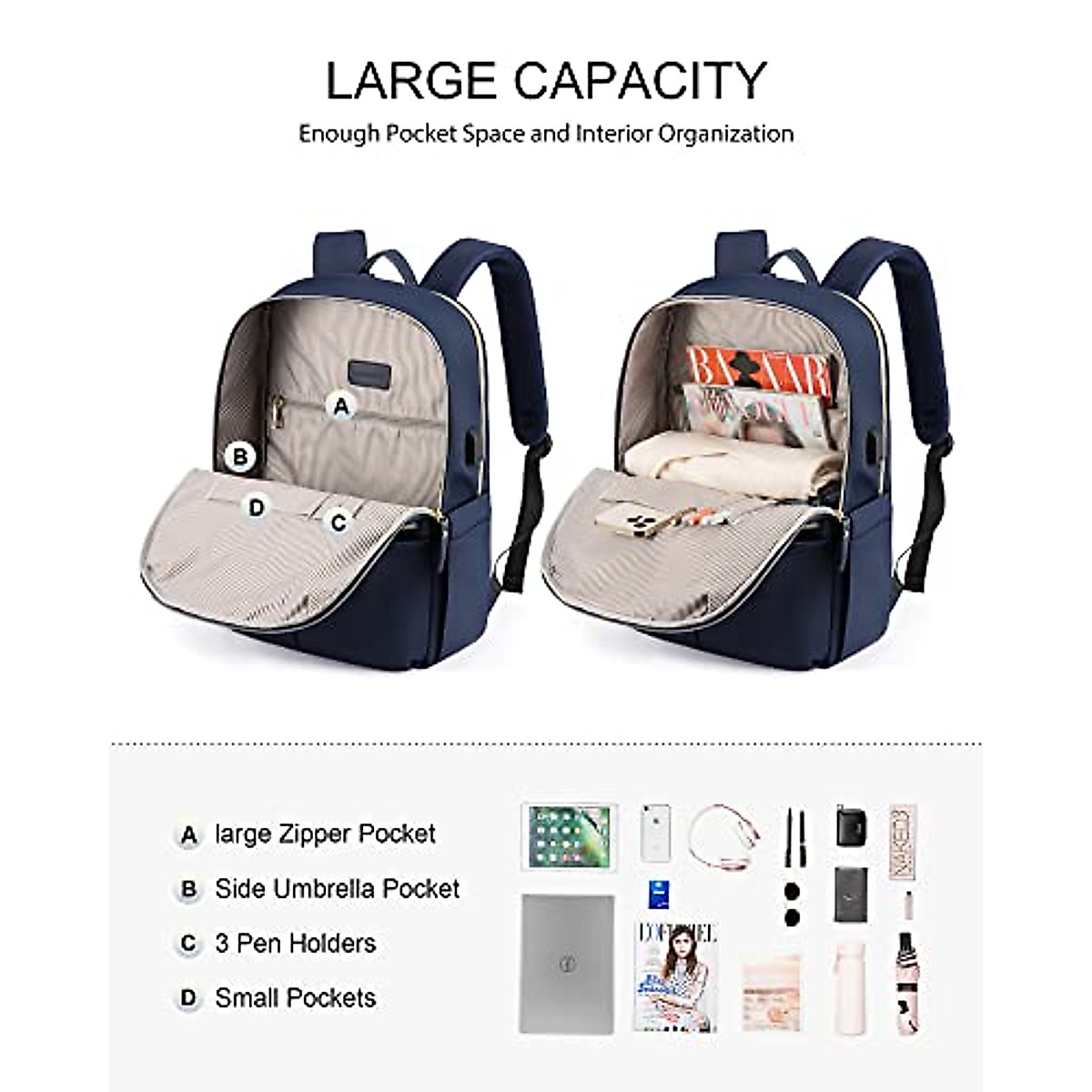 LOVEVOOK Laptop Backpack Women, Stylish Bagpack with USB Charging Port, Travel Notebook Backpack fits 15.6" Computer, for College Work Commute, Blue…