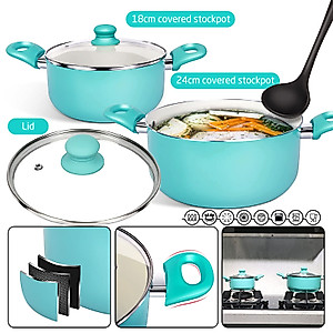 Masthome 16 Piece Ceramic Nonstick Cookware Set,Soft Grip Healthy Pots and Pans Set with Lids and Utensils for Kitchen,PFAS-Free, Dishwasher Safe-Tiffany Blue Extra Spoons and Silicone Spatula Set