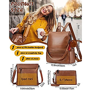 3 Pcs PU Leather Backpack Purse for Women Crossbody Purse Set Women's Crossbody Handbags Soft College Casual Shoulder Bag for Ladies Travel, Brown
