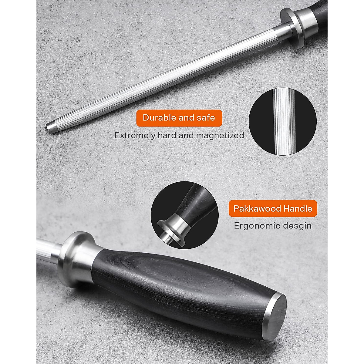 TUO Knife Sharpening Kit Honing Steel 8 Inch Knife Sharpeners,Kitchen Knives Sharpener Steel Honing Rod, German X50CrMoV15 Steel with Full Tang Pakkawood Handle, BLACK HAWK SERIES