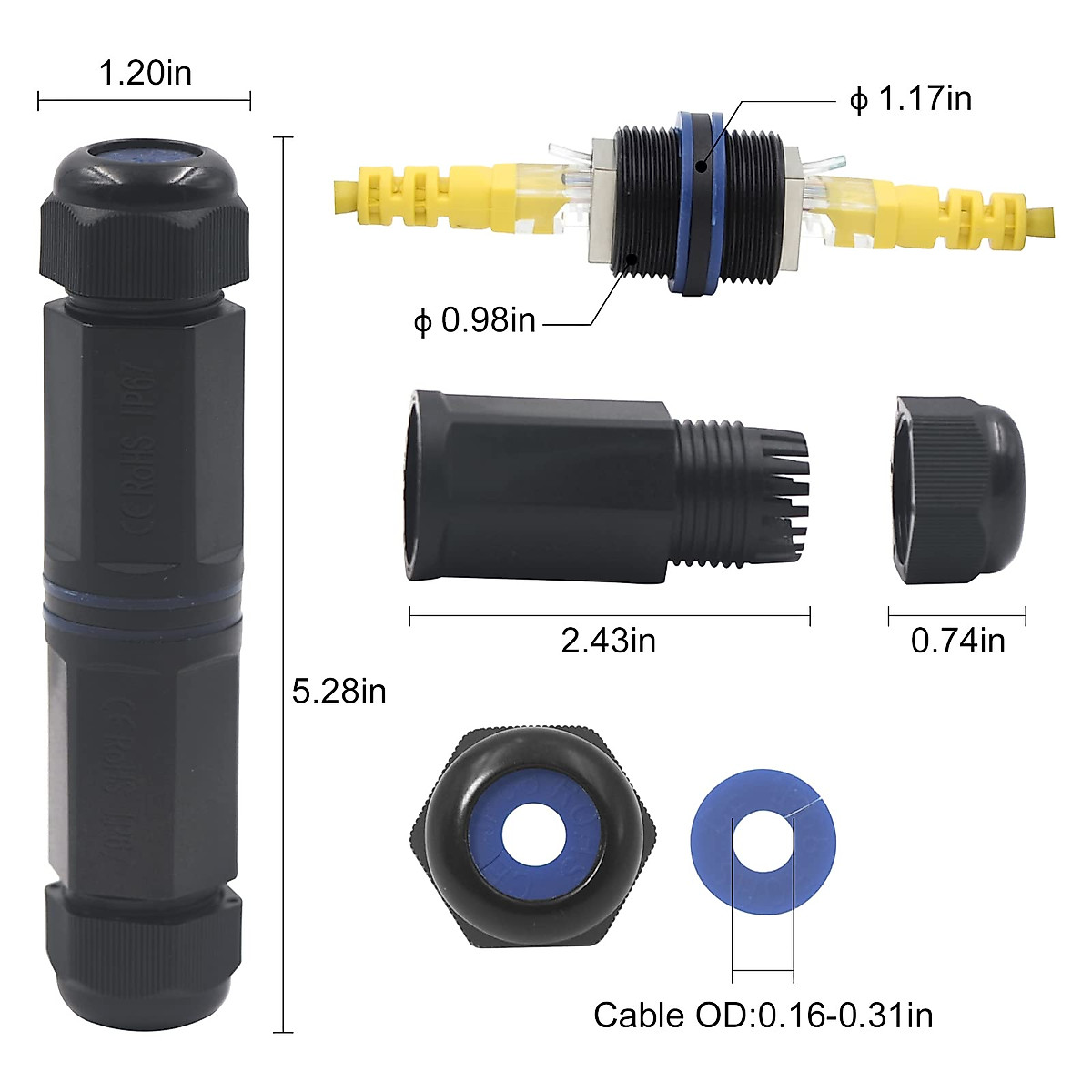 VCE Waterproof RJ45 Coupler IP67, CAT6/CAT5E/CAT5 Female to Female Coupler Connector Shielded 8Pin for Outdoor Ethernet LAN Cable, 2-Pack