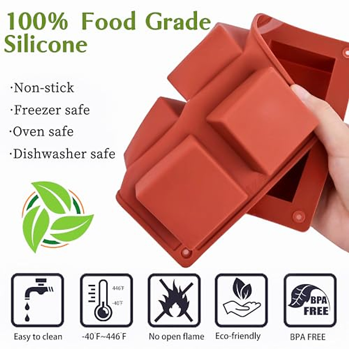 JOERSH Silicone Square Molds 4 Pack 6-Cavity All Edges Brownie Pan Non-Stick Silicone Baking Pans for Brownie Bites, Square Cupcake, Mini Muffin Cakes